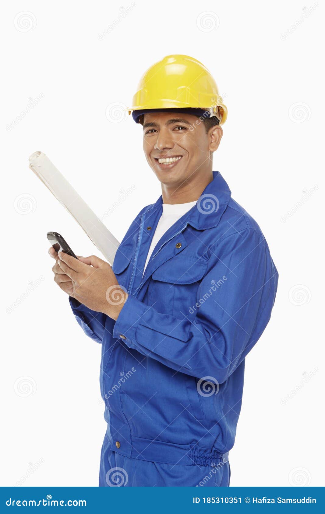 Construction Worker Sending a Text Message Stock Image - Image of ...
