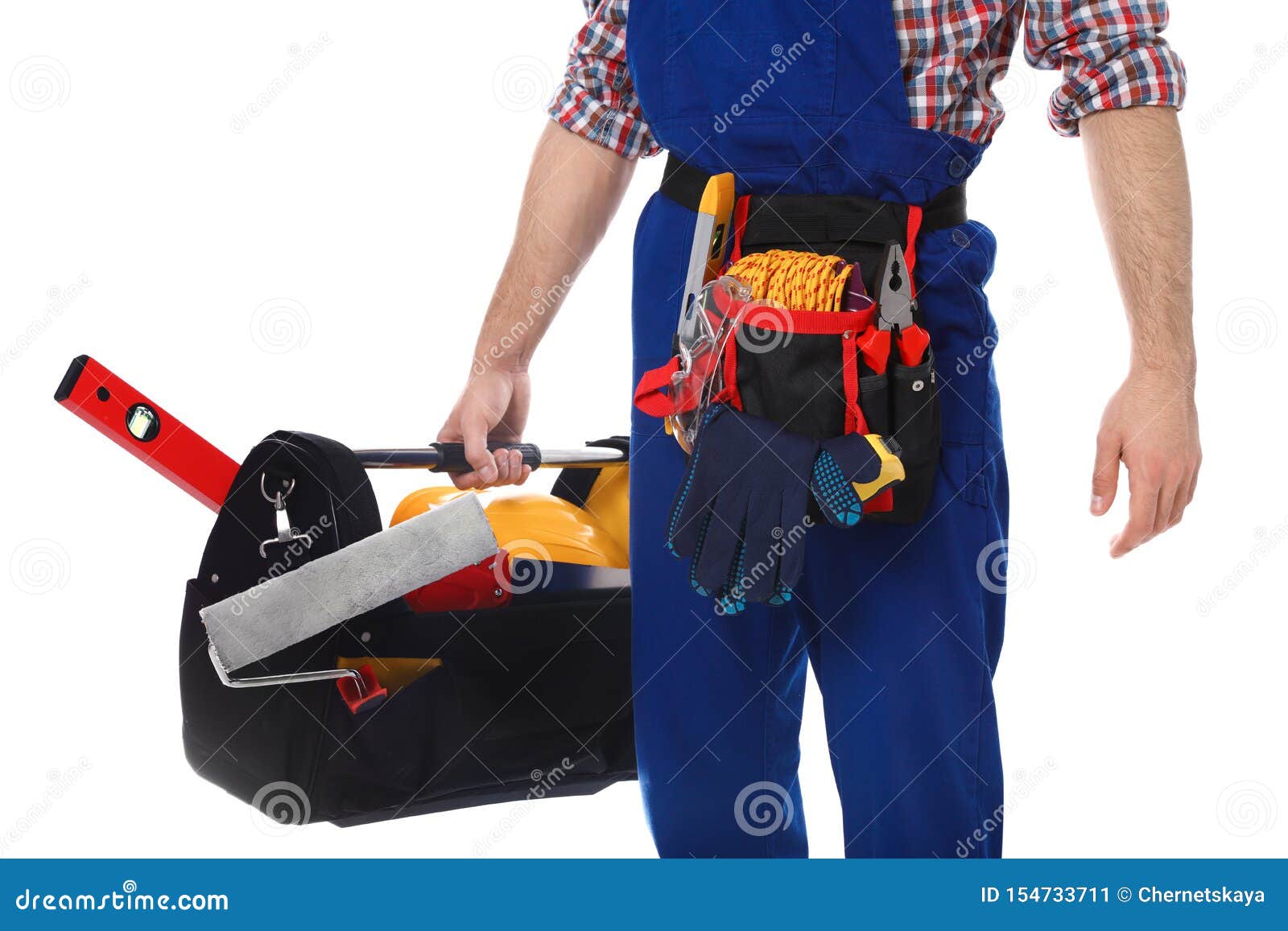 Construction Worker with Set of Tools on White Background, Stock Image ...