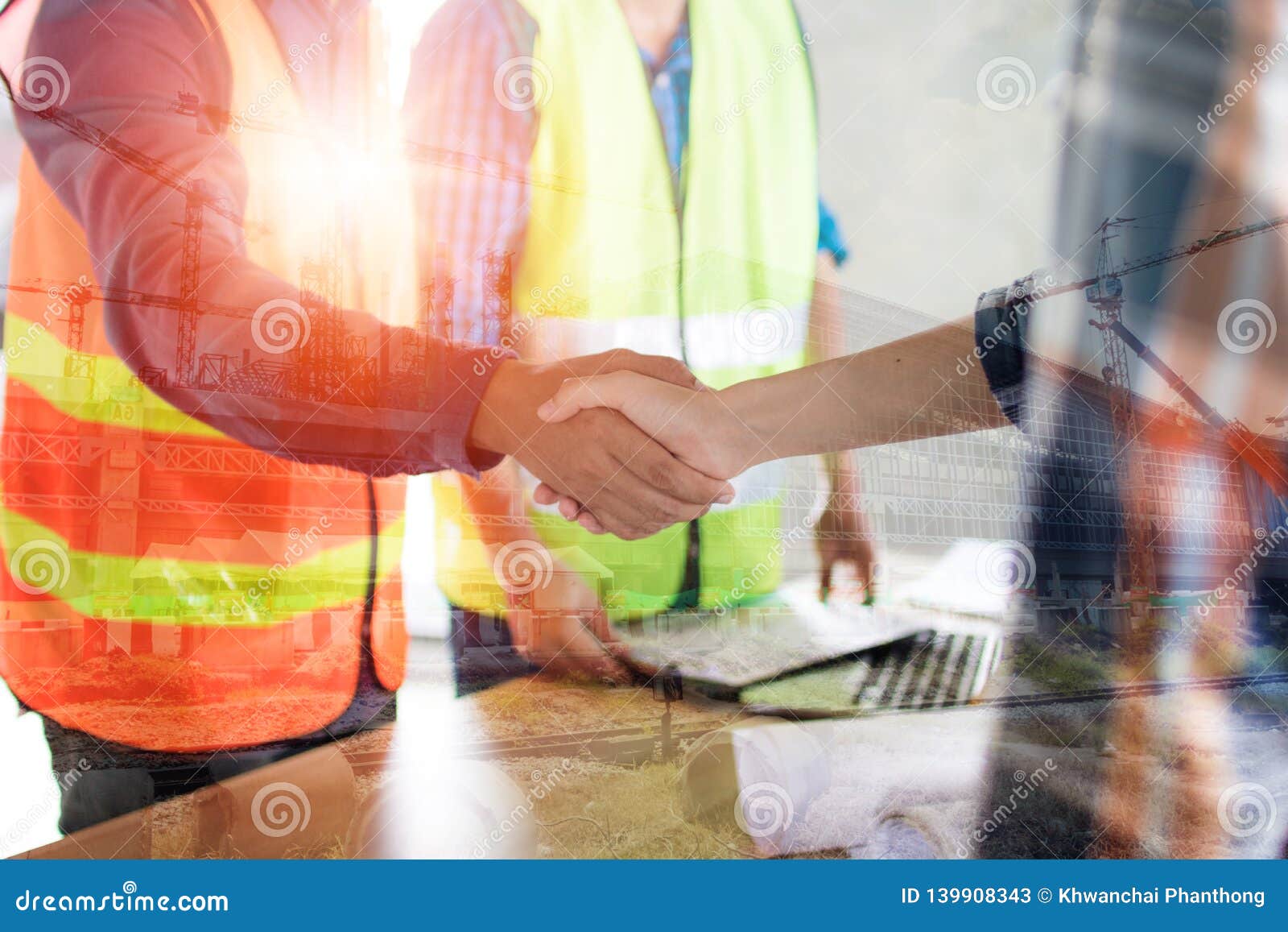 Construction Worker Shake Hands As Meeting Stock Image - Image of happy ...