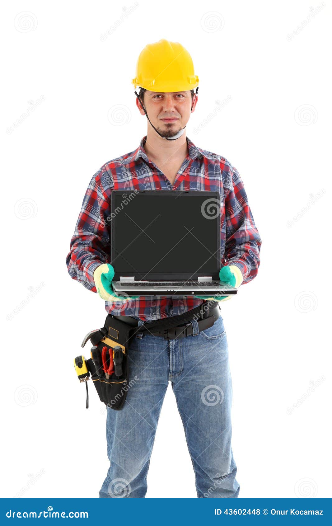 Construction Worker Showing Laptop Stock Photo - Image of industry ...