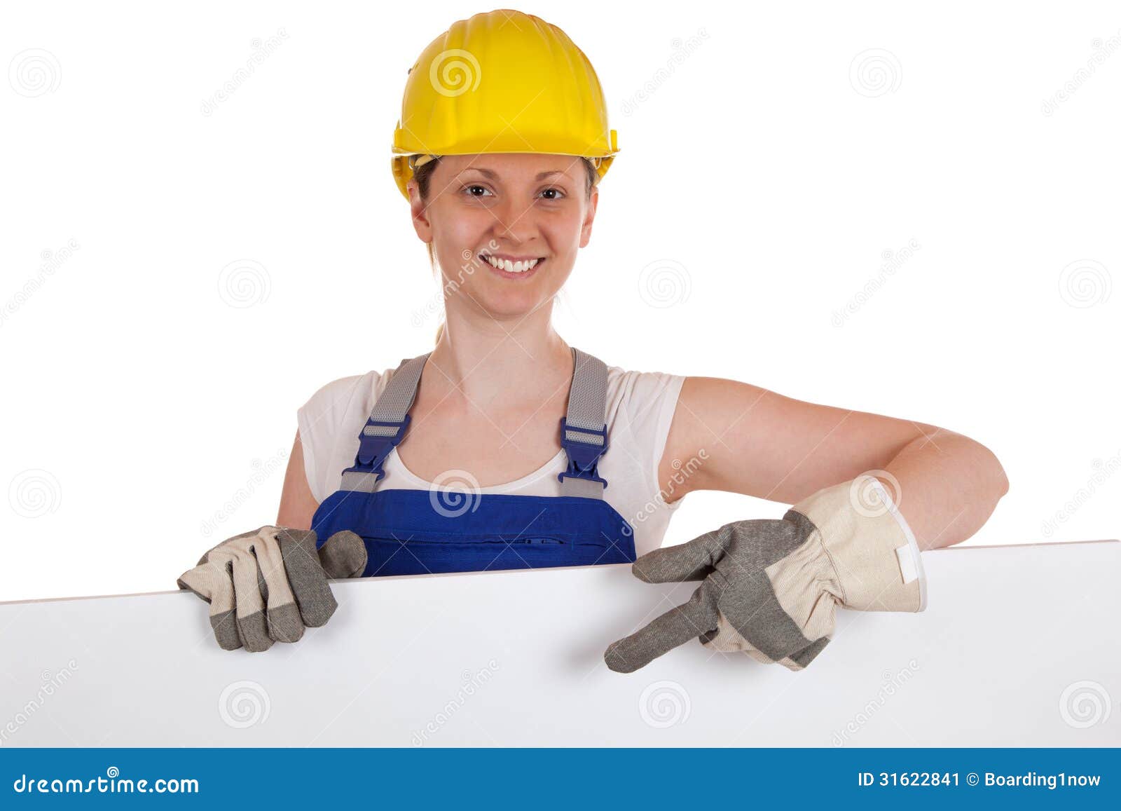 Construction Worker Showing on a White Sign Stock Image - Image of sign ...