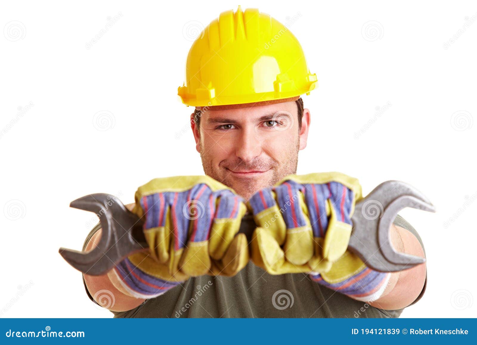 Construction Worker Shows Double Spanner Stock Image - Image of hold ...