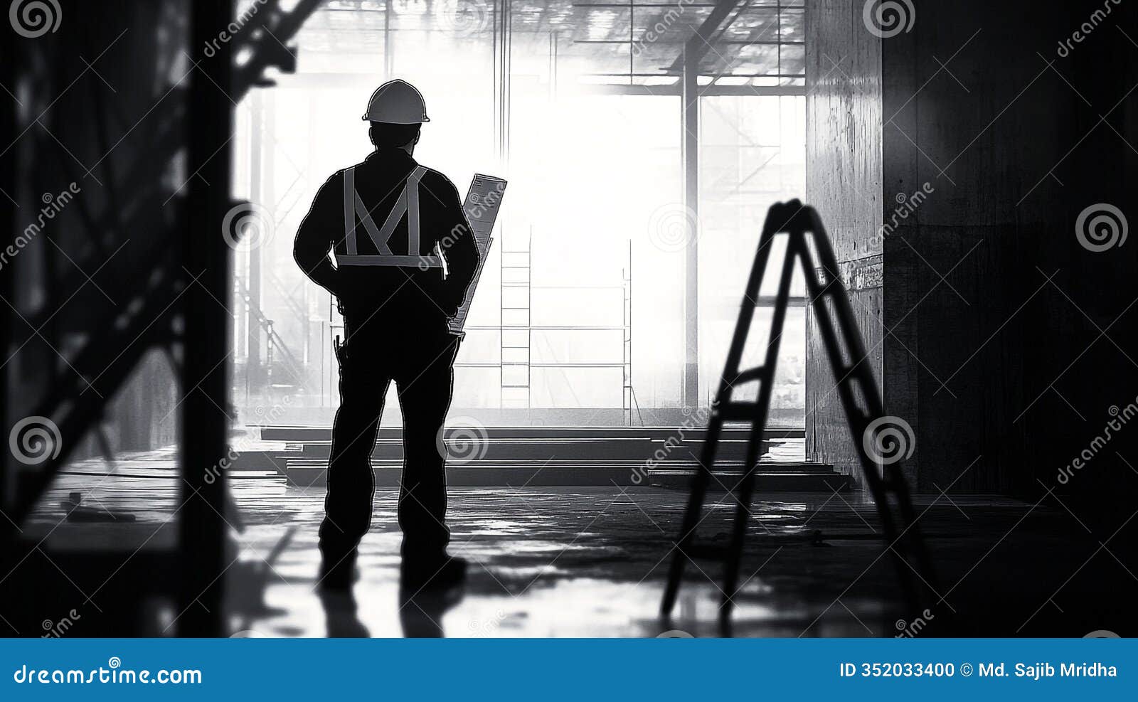 Construction Worker Silhouettes Against Bright Workspace during Project ...
