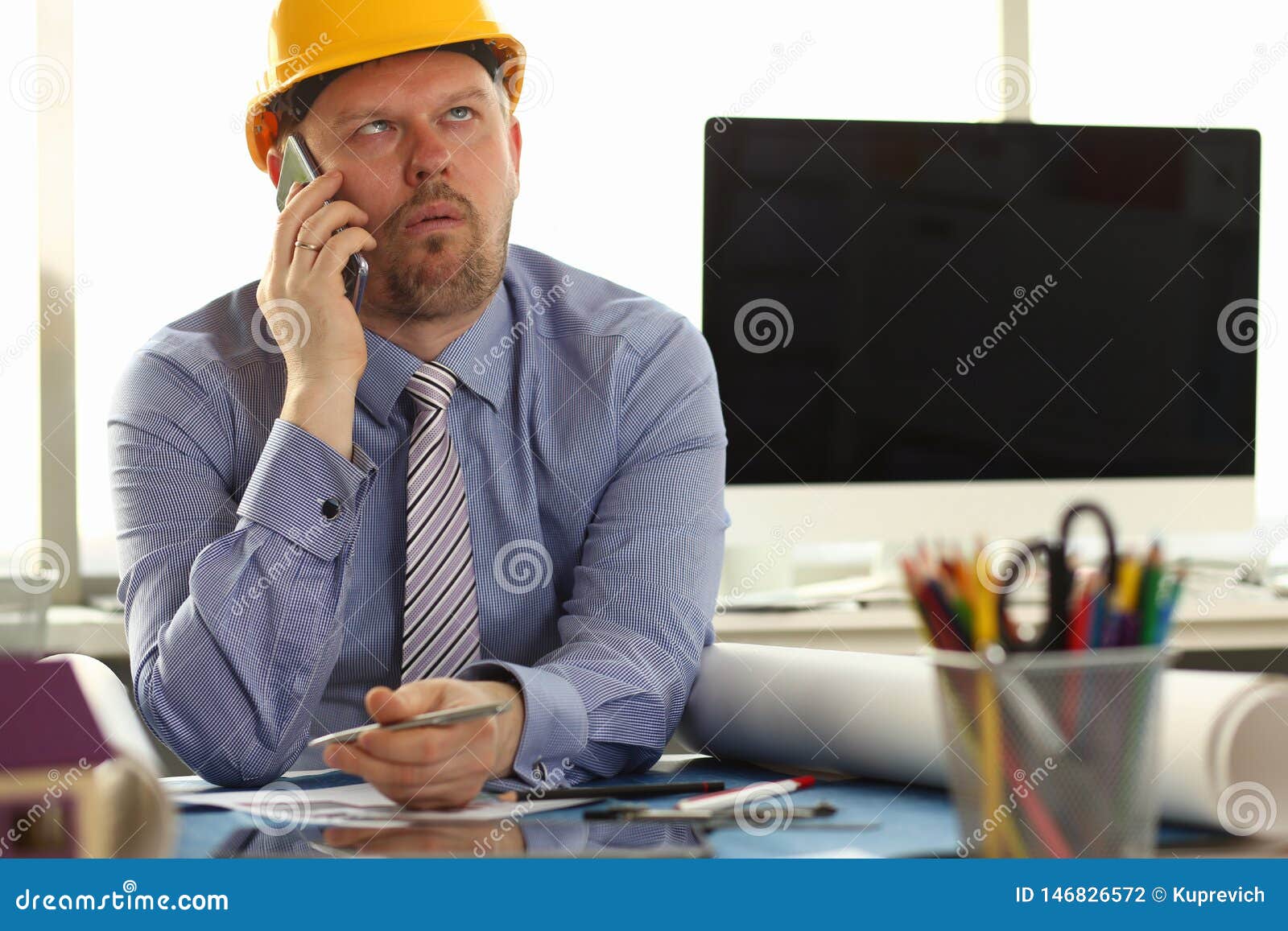 Construction Worker Sit in Engineering Office Stock Photo - Image of ...