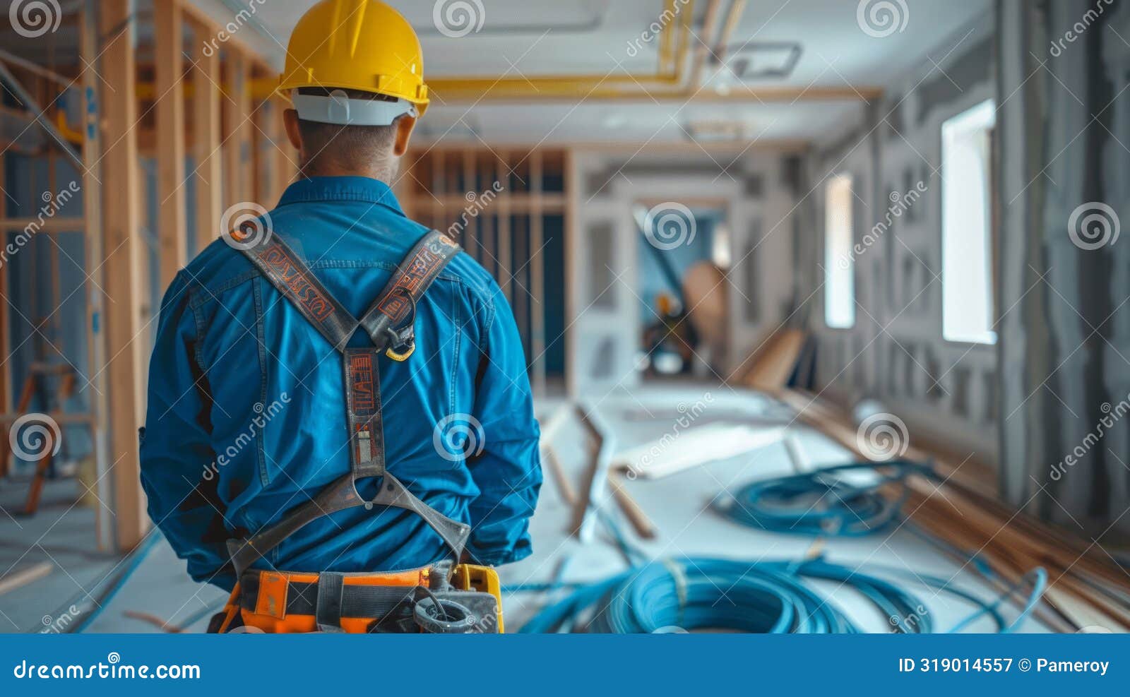 A Construction Worker Wearing a Yellow Safety Helmet and Blue Work ...