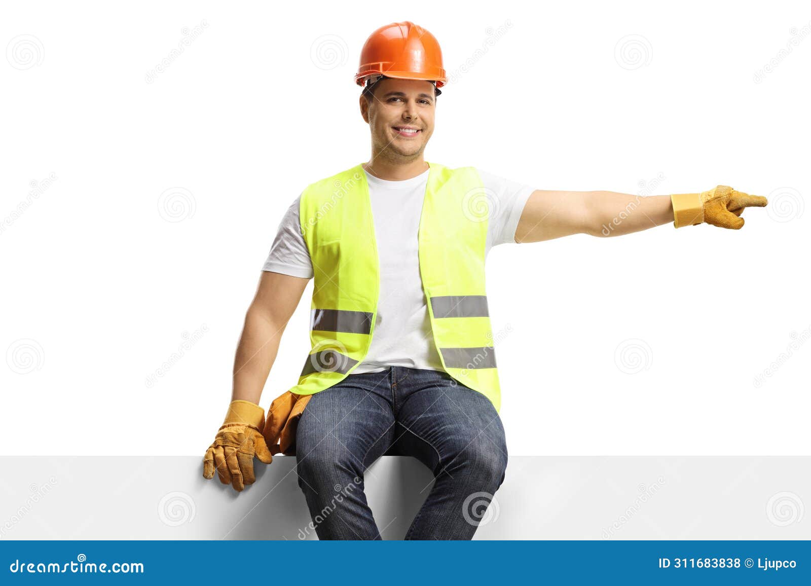 Construction Worker Sitting on a Blank Panel and Pointing To the Side ...