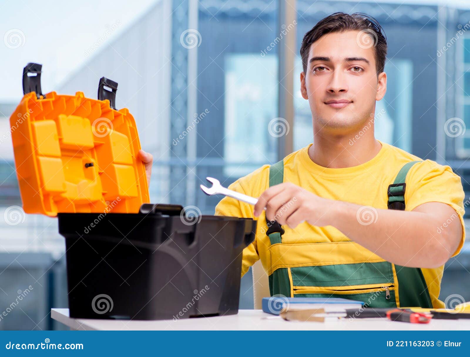 Construction Worker Sitting at the Desk Stock Image - Image of ...