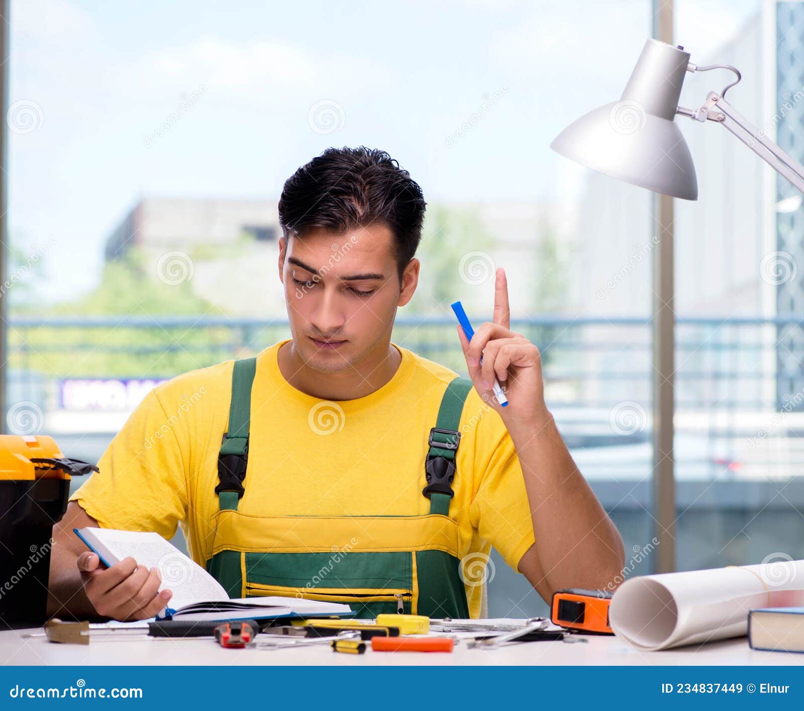 Construction Worker Sitting at the Desk Stock Image - Image of ...