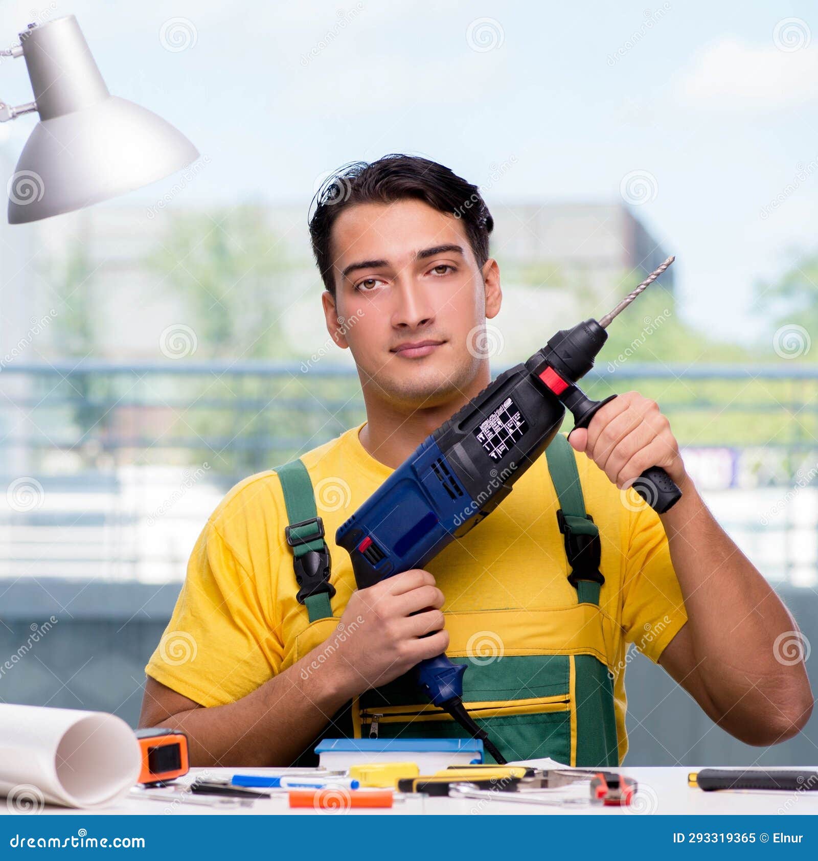 Construction Worker Sitting at the Desk Stock Image - Image of repair ...