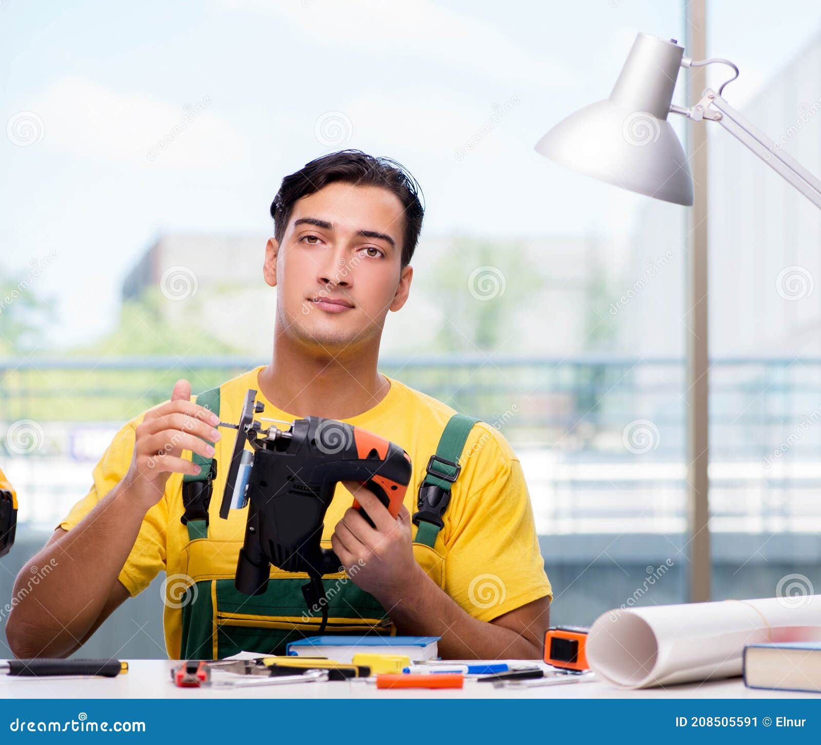 Construction Worker Sitting at the Desk Stock Image - Image of ...