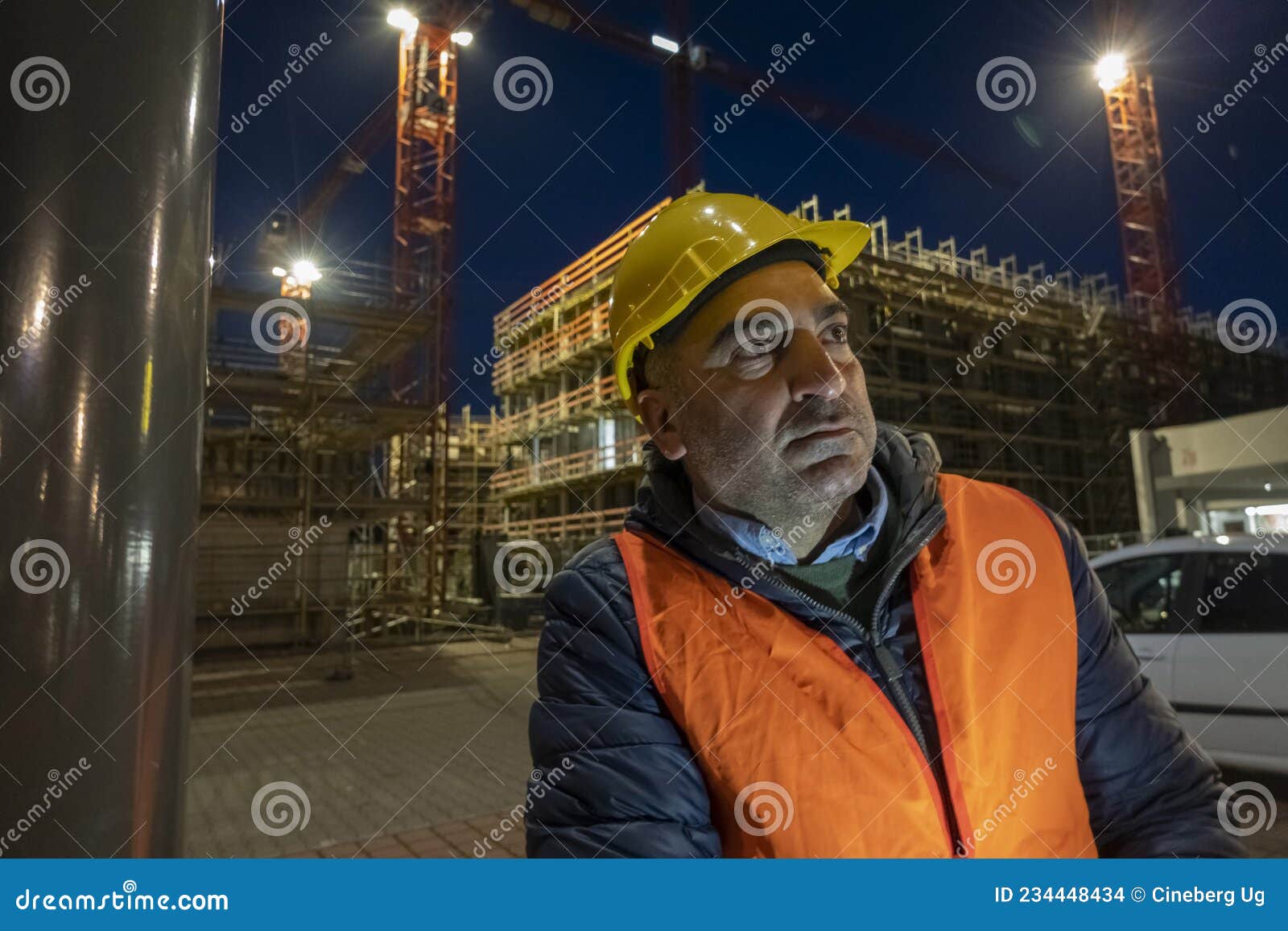 Construction Worker at Night Stock Photo - Image of hard, occupational ...