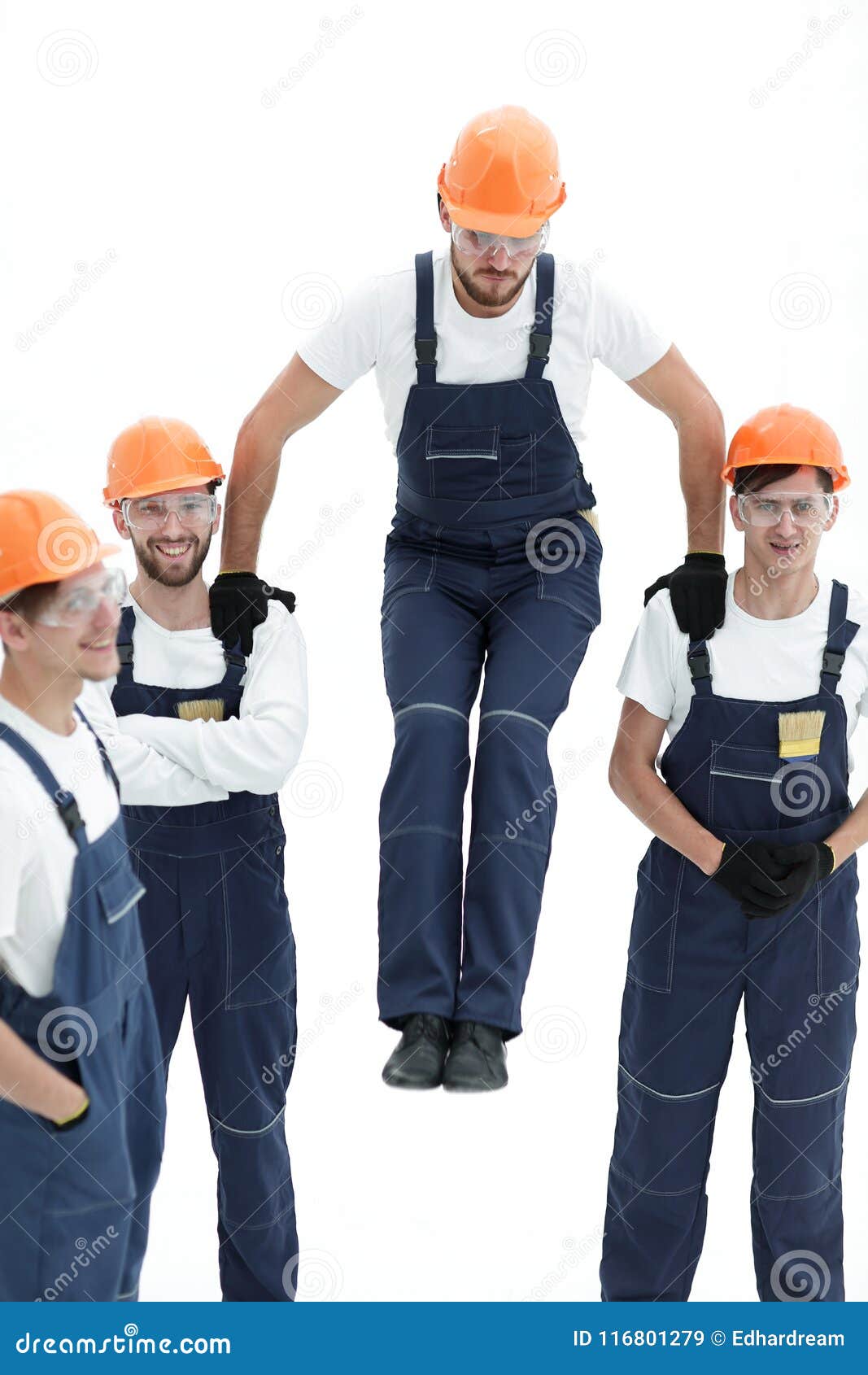 Construction Worker Sitting on the Shoulders of Colleagues Stock Image ...