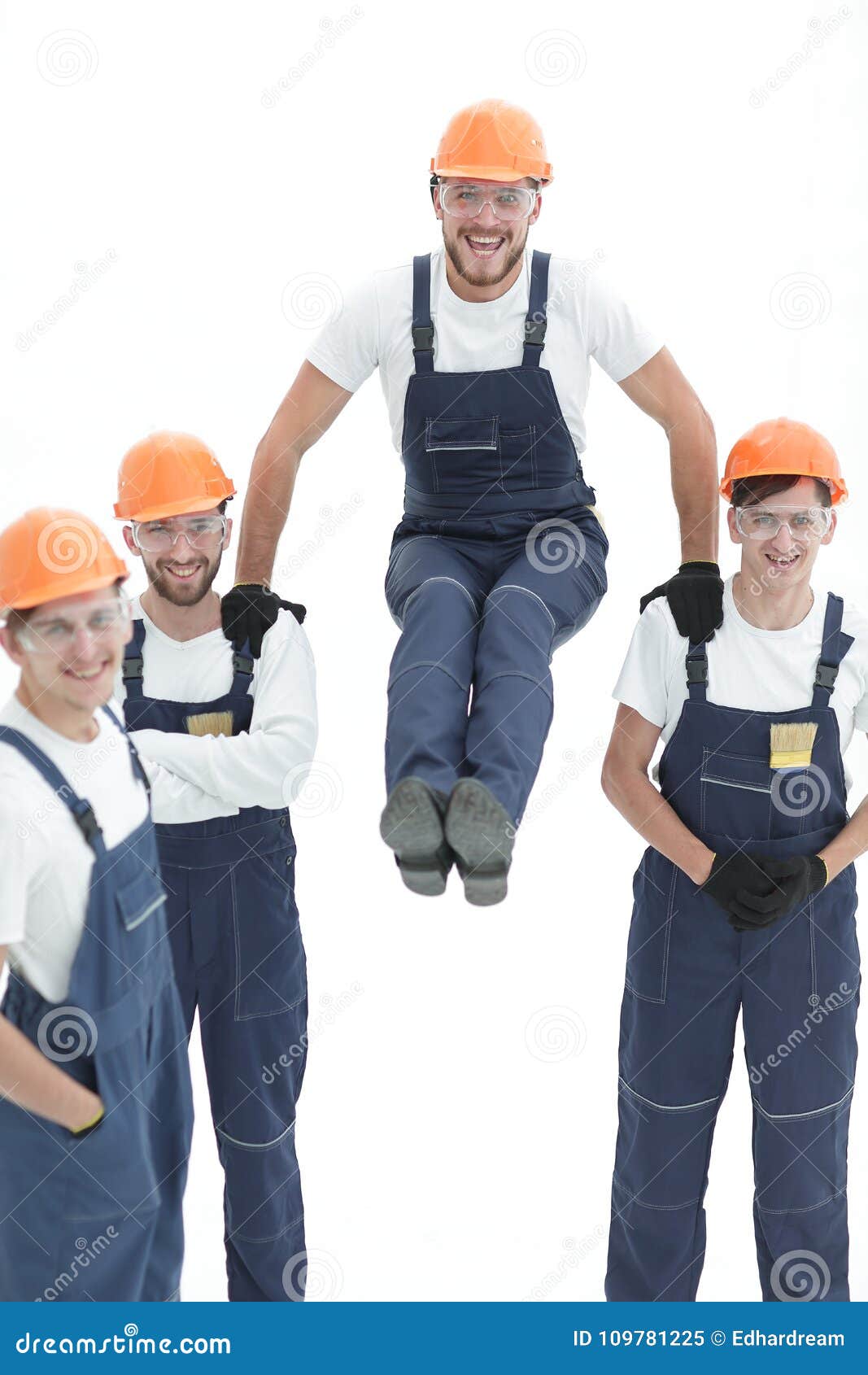 Construction Worker Sitting on the Shoulders of Colleagues Stock Image ...
