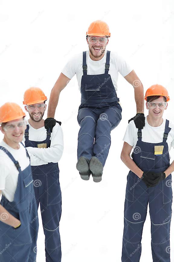 Construction Worker Sitting on the Shoulders of Colleagues Stock Image ...