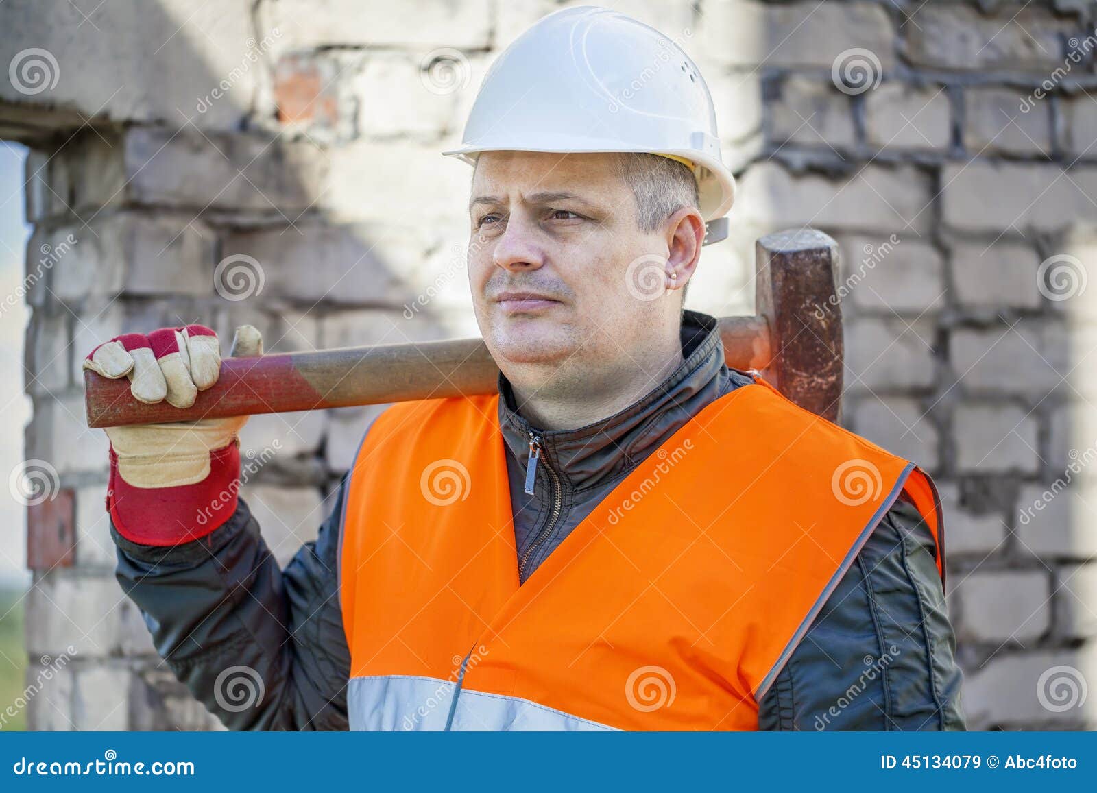 Construction Worker with Sledge Hammer Stock Image - Image of looking ...