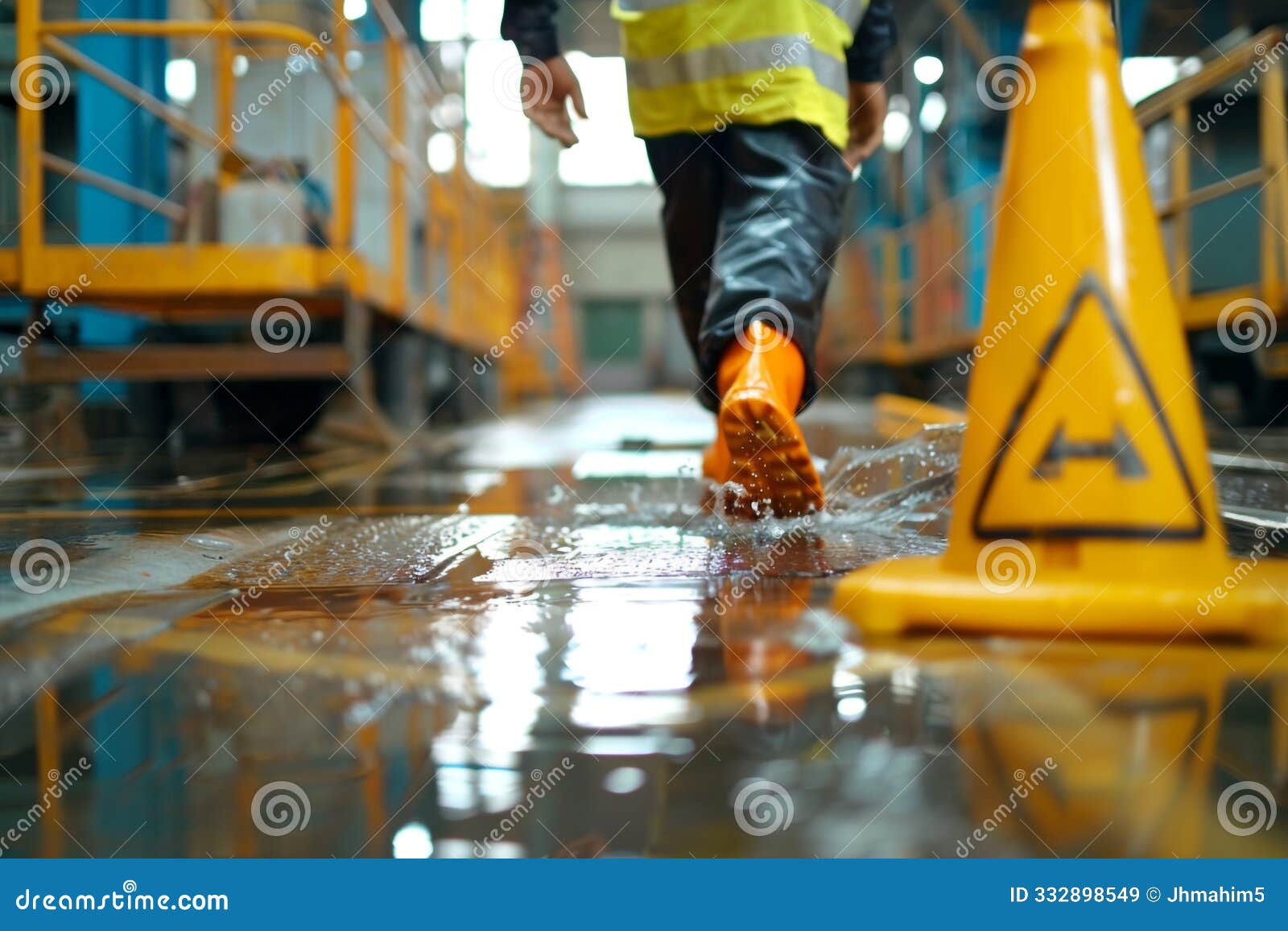 Construction Worker Slipping on a Wet Floor with a Bright Yellow ...