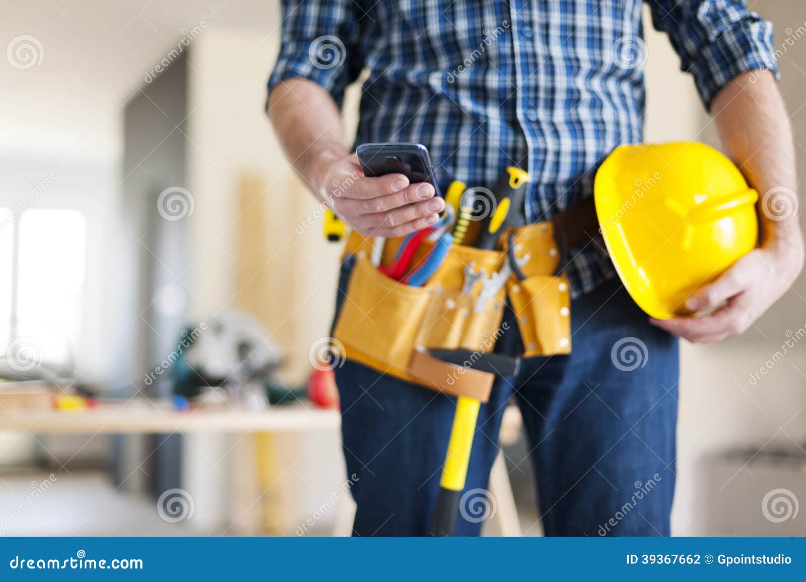 Construction Worker with Smart Phone Stock Photo - Image of holding ...