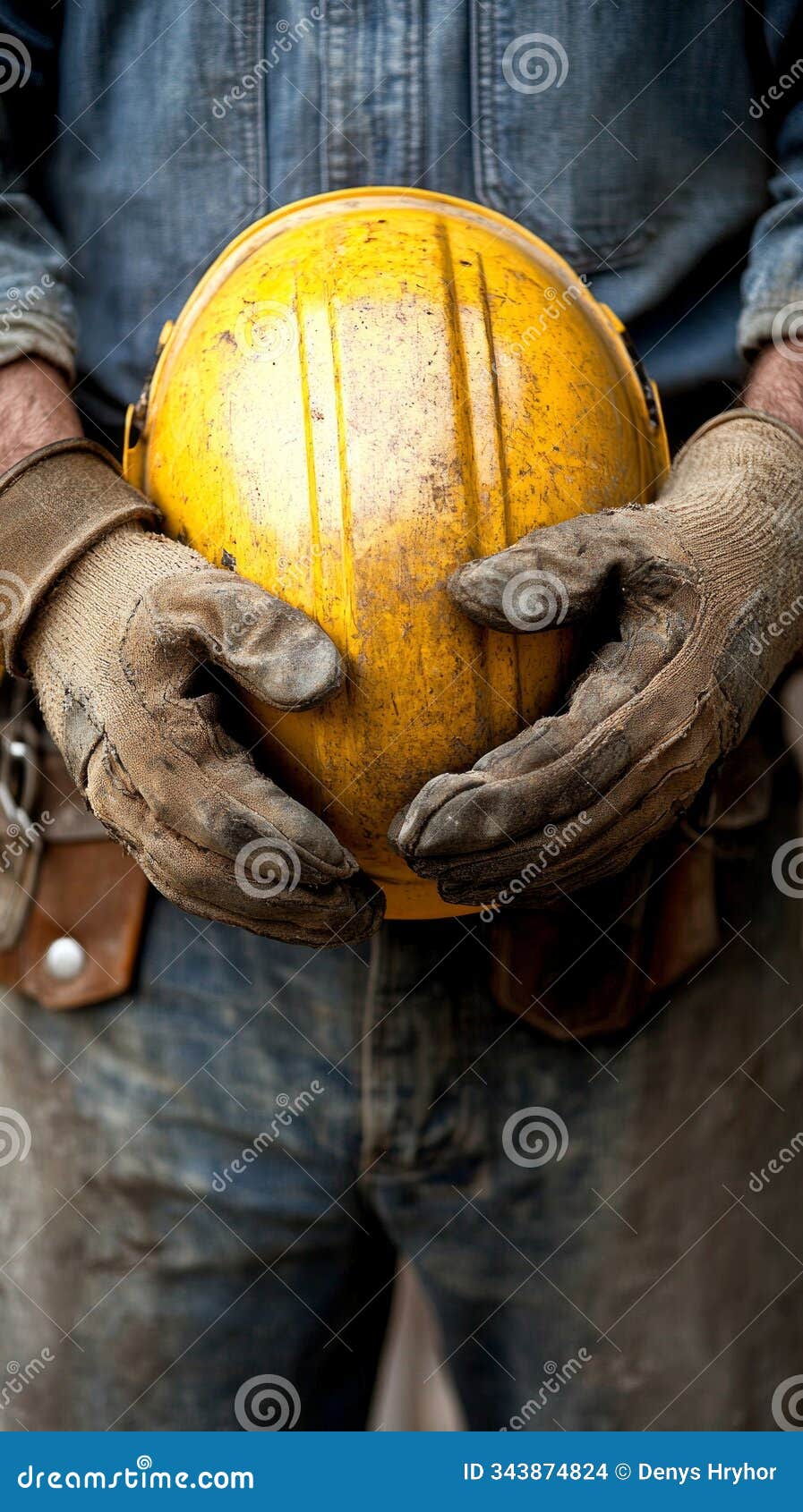 A Construction Worker in Soiled Denim and Gloves Holds a Dusty Yellow ...