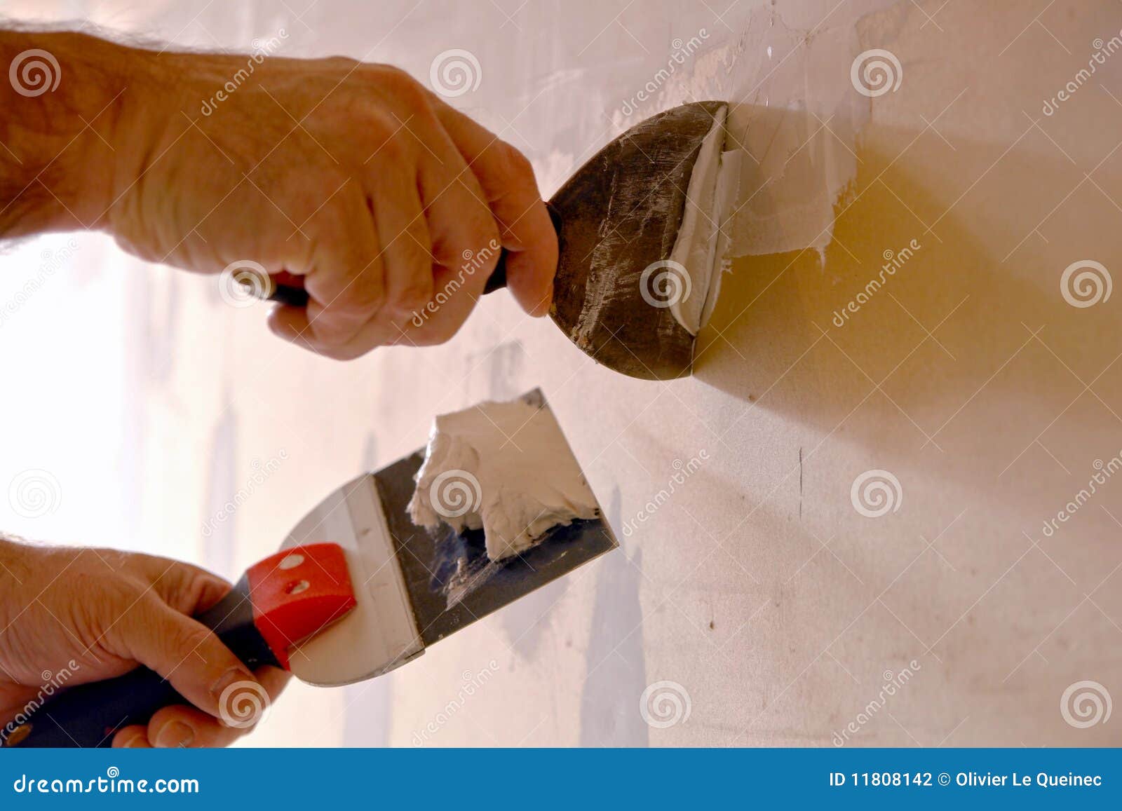 Construction Worker Spackling New Wall with Knife Stock Photo - Image ...