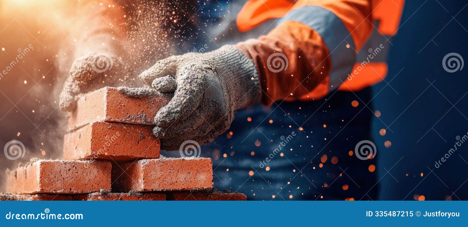 Construction Worker Stacking Bricks with Dust and Sparks Stock ...