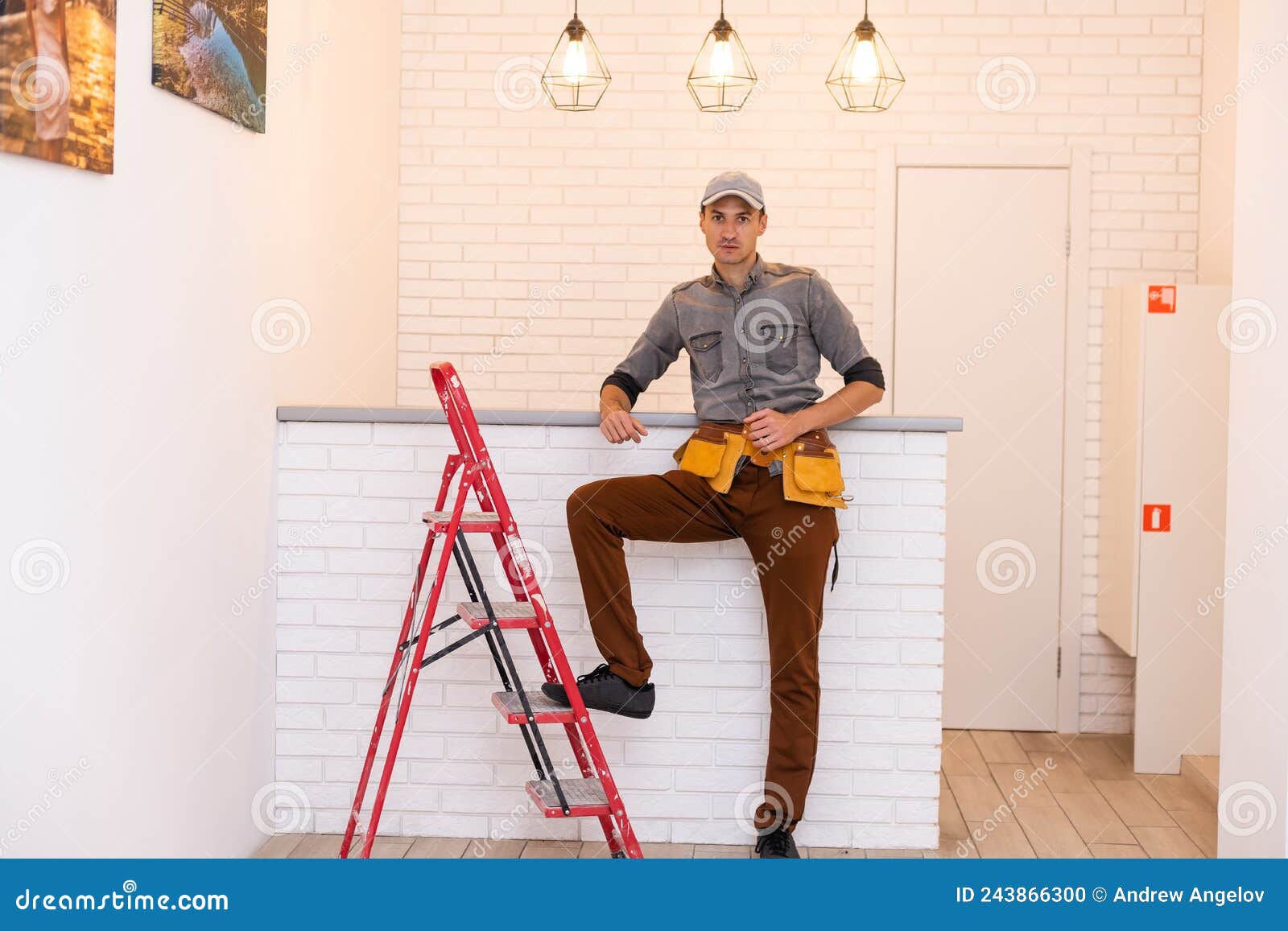 Construction Worker Standing on Aluminium Stairs Stock Photo - Image of ...