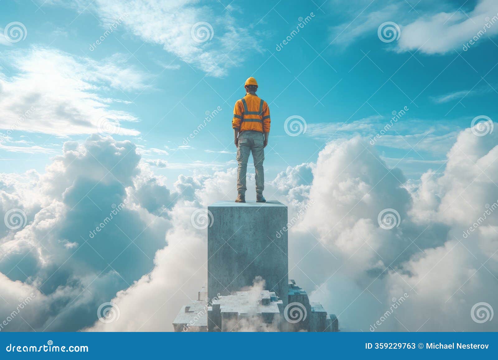 Construction Worker Standing on Concrete Cube Above Clouds Observing ...