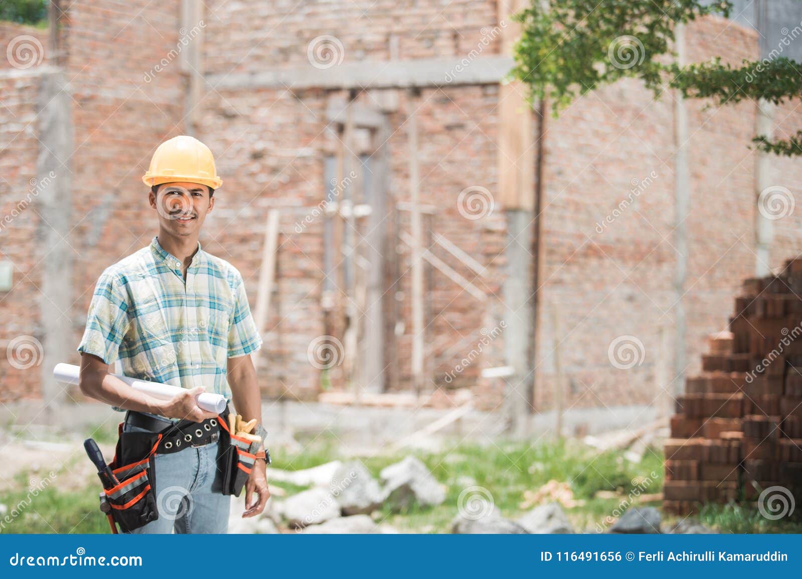 Construction Worker Standing in Front of the Building Site Stock Photo ...