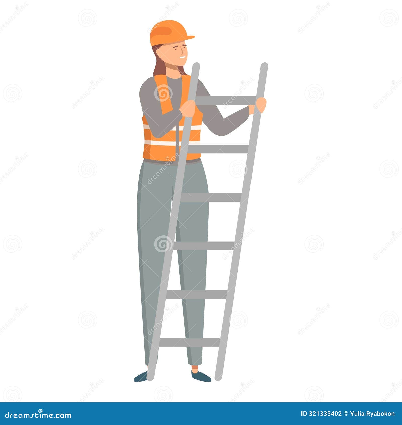 Female Construction Worker Holding a Ladder and Looking Up Stock Vector ...