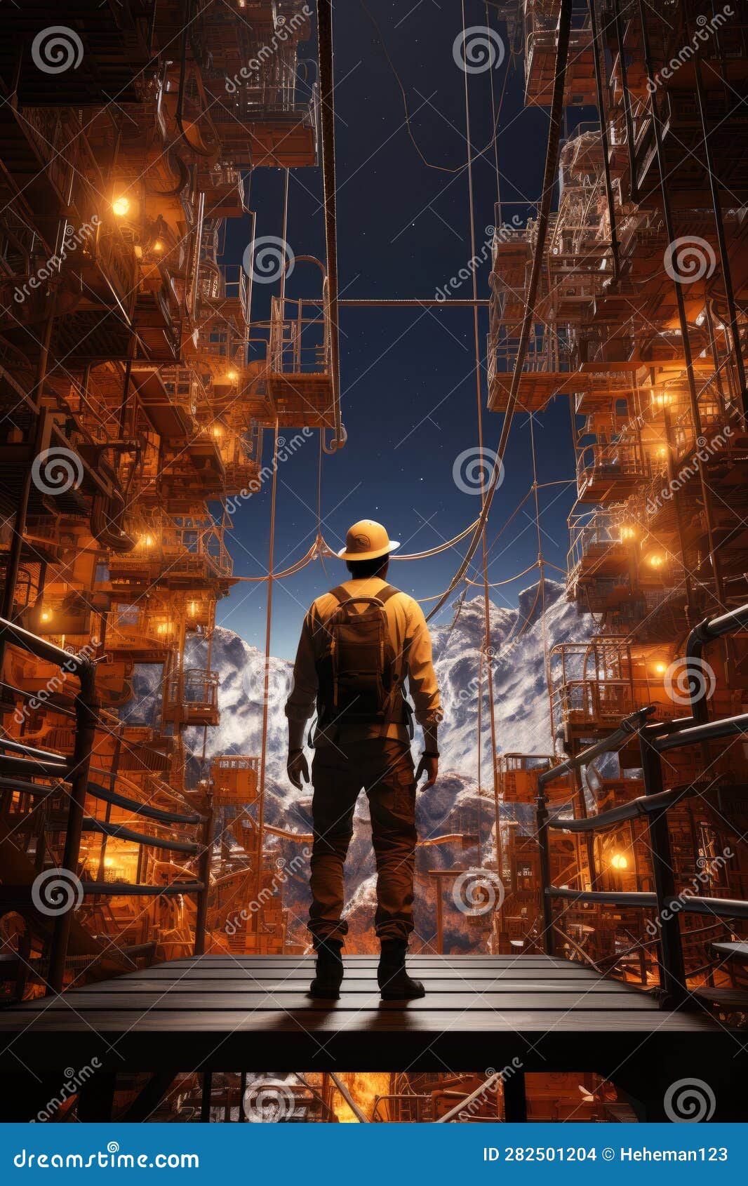 Construction Worker Standing Looking Up at High Steel Frame Building at ...