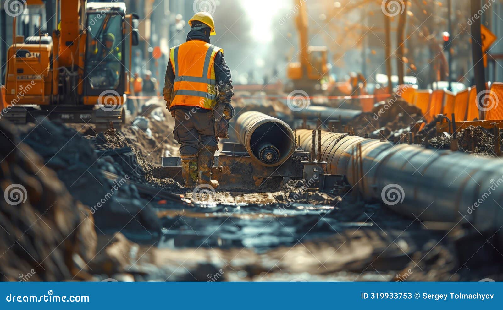 Construction Worker Standing Next To Large Pipe Stock Image - Image of ...