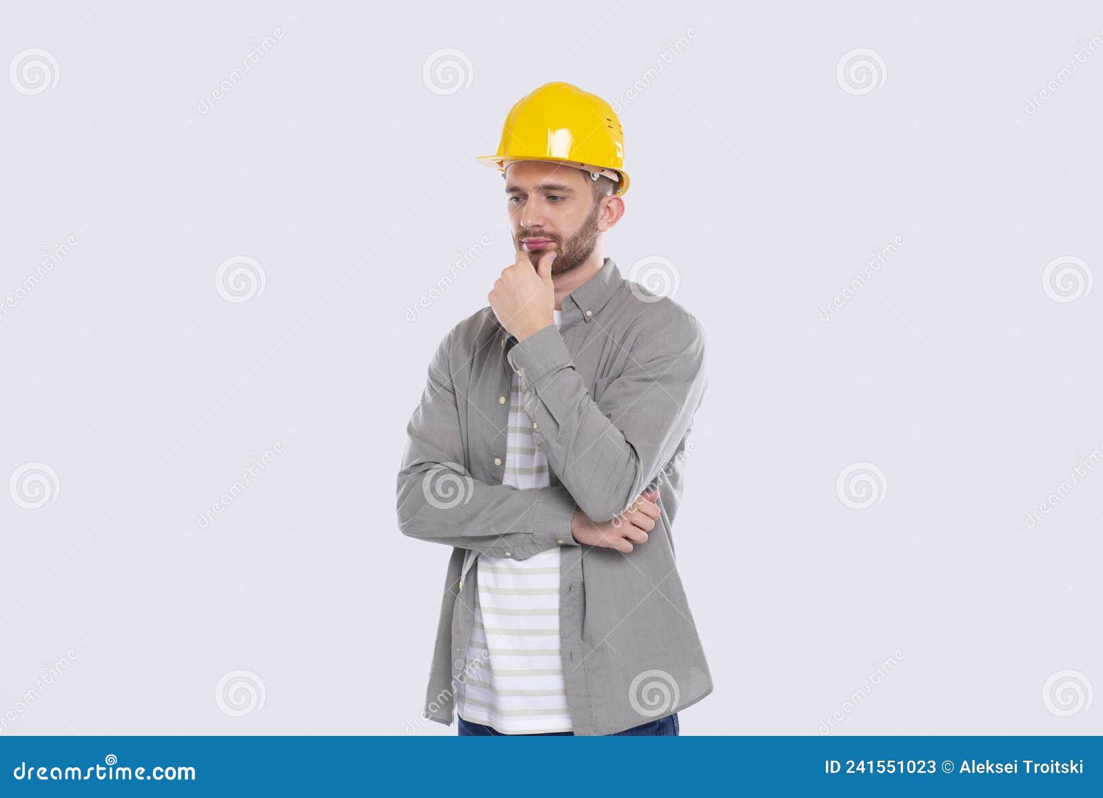 Construction Worker Standing Thinking. Architect Analysing Work. Man ...
