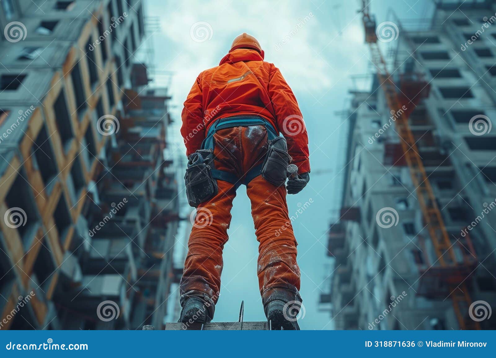A Construction Worker is Standing on Top of a Ladder between Two Tall ...