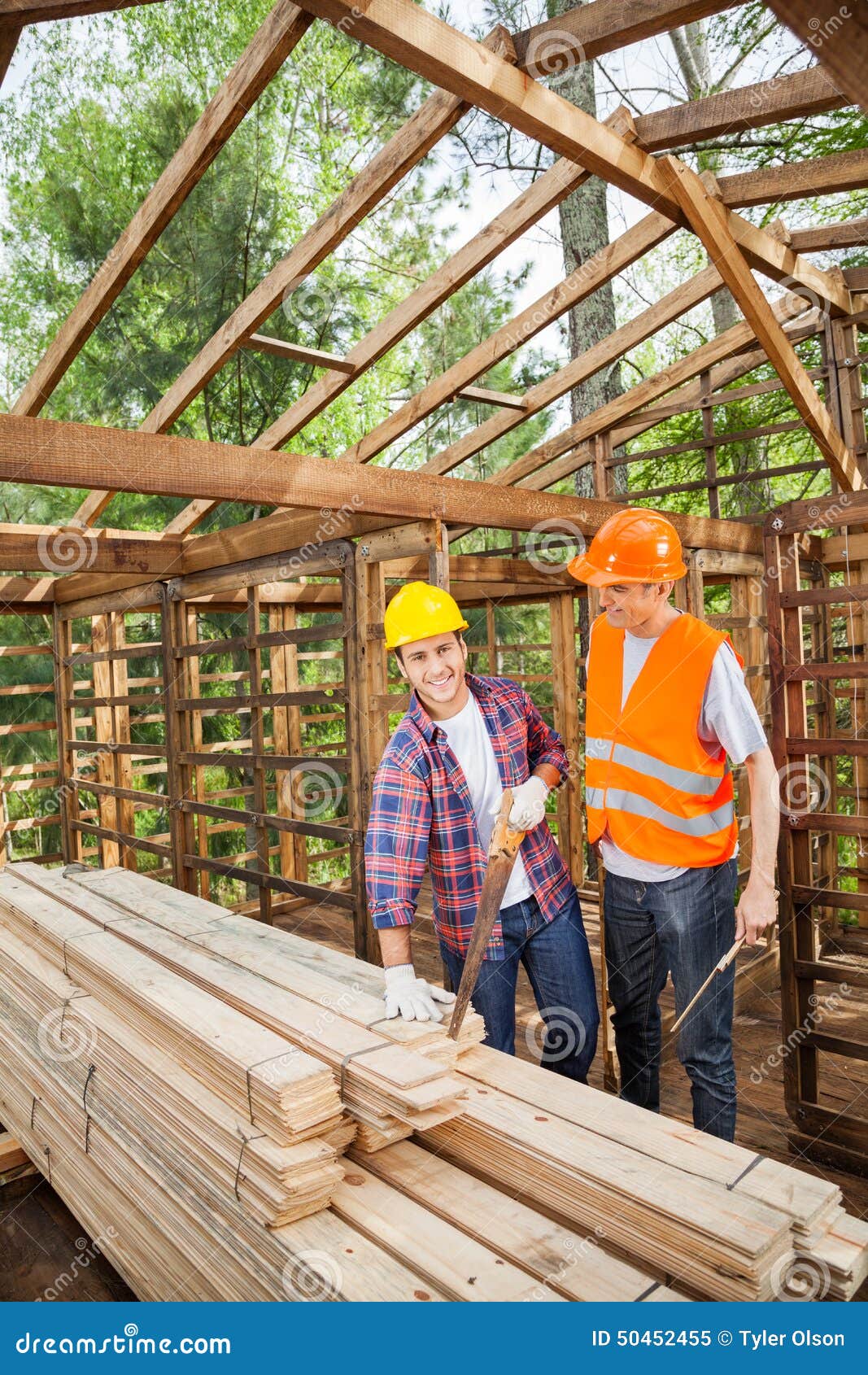 Construction Worker Standing in Wooden Cabin Stock Image - Image of ...