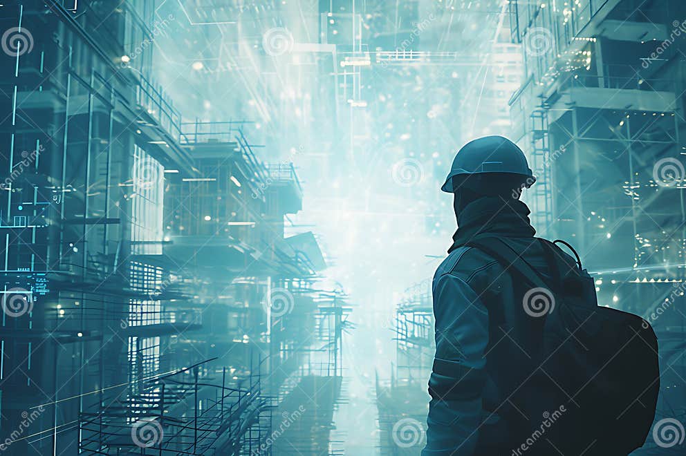 Construction Worker Stands before the Intricate Scaffold of an Emerging ...