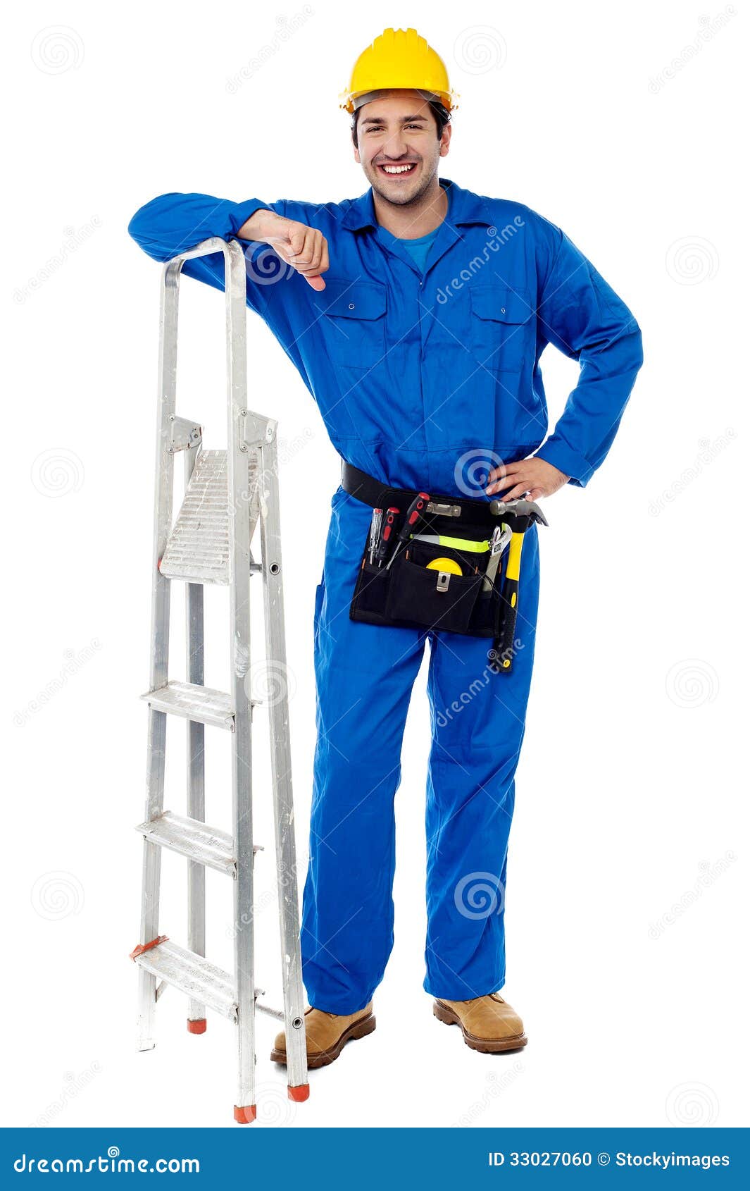 Construction Worker with Step Ladder Stock Photo - Image of plumber ...