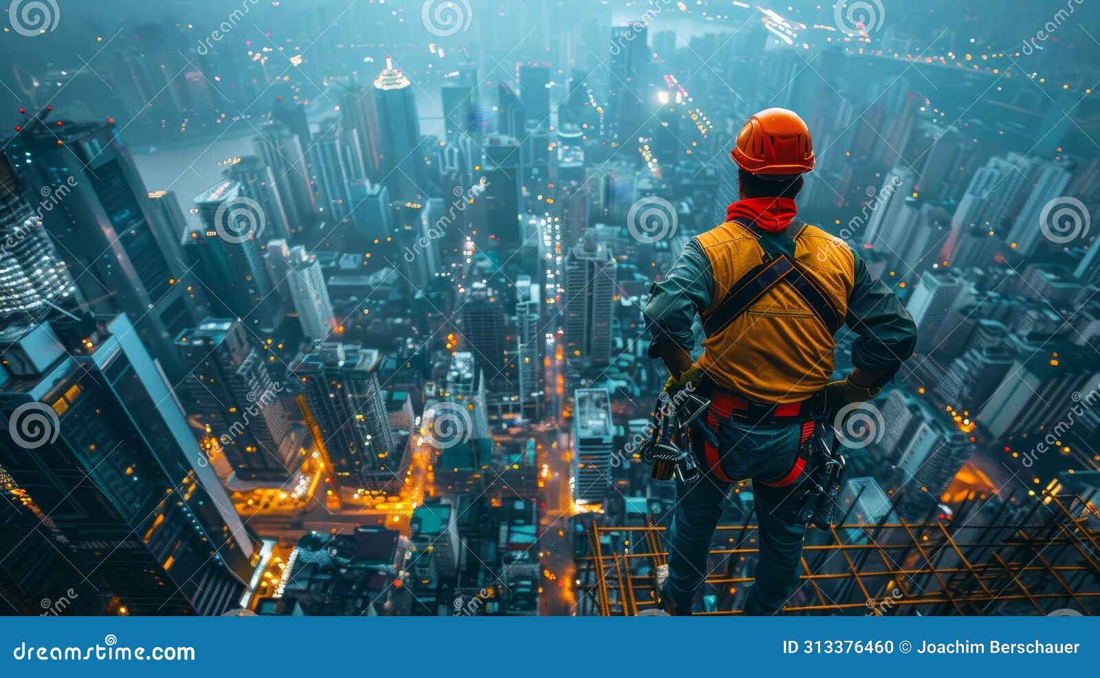 Construction Worker Striking Pose on Skyscraper with Dramatic Cityscape ...