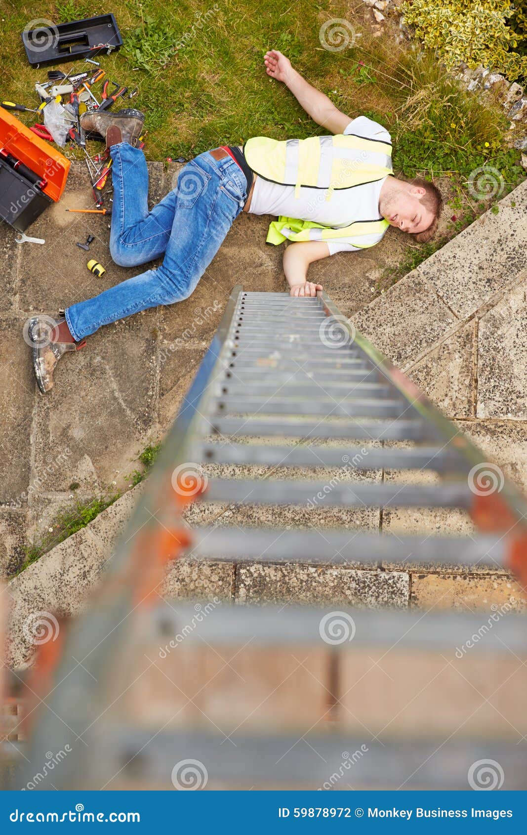 Construction Worker Suffering Injury after Fall from Ladder Stock Photo ...