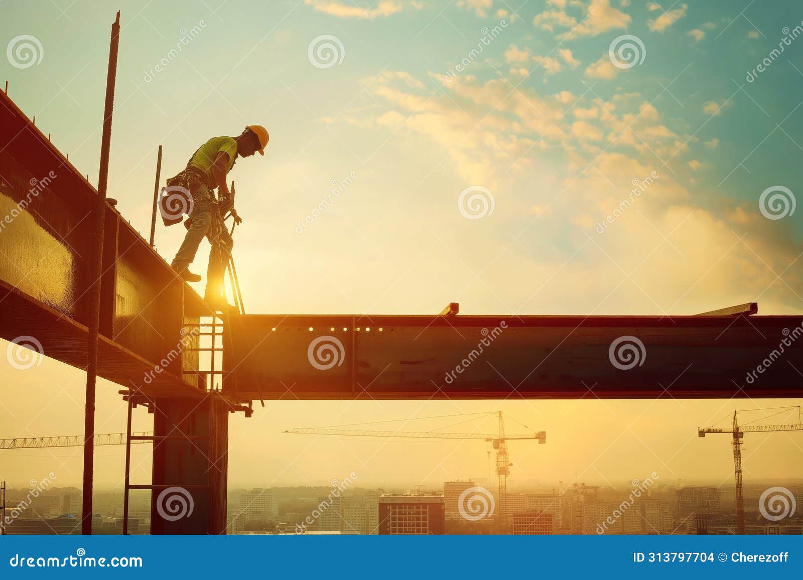 Construction Worker at Sunrise Stock Photo - Image of structure ...