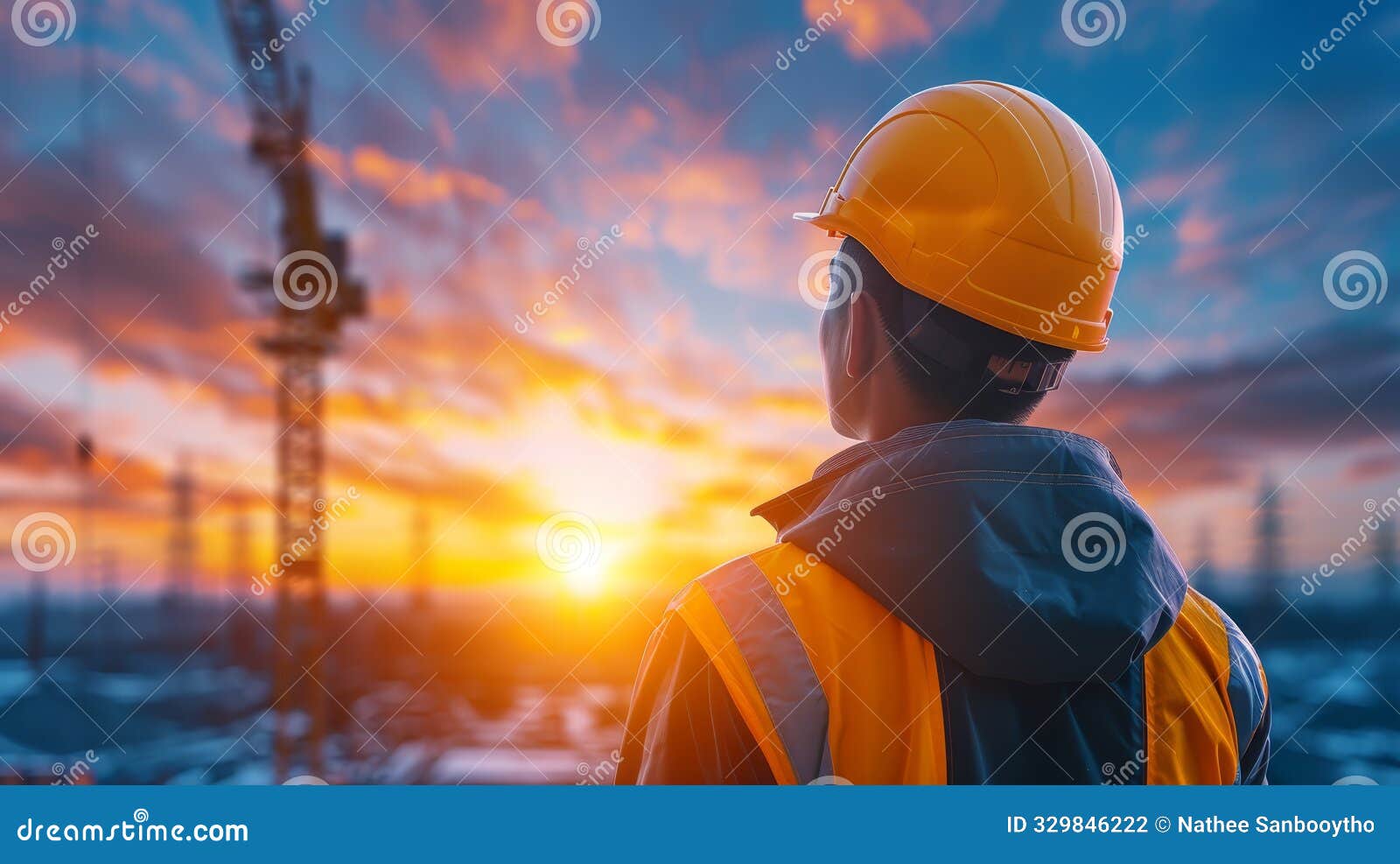 Construction Worker at Sunrise on Site Stock Illustration ...