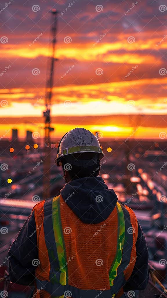 Construction Worker at Sunset Stock Illustration - Illustration of ...