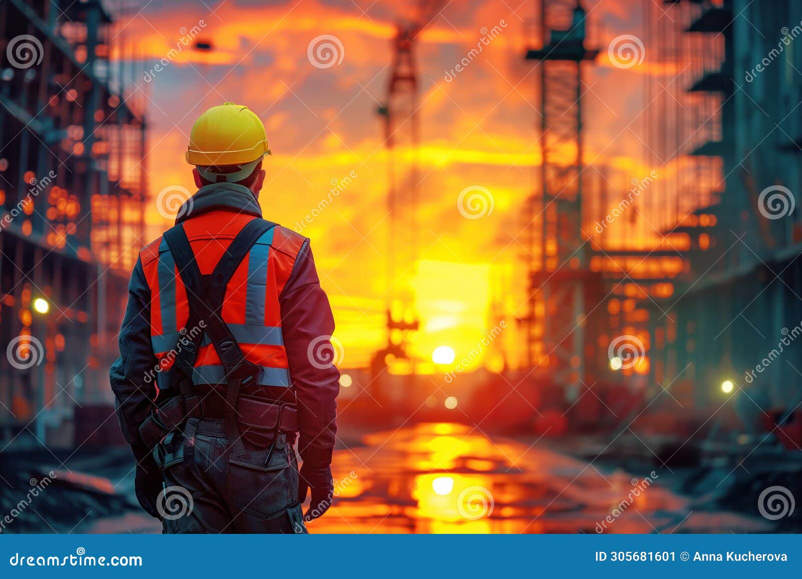Construction Worker at Sunset on Industrial Site Stock Illustration ...