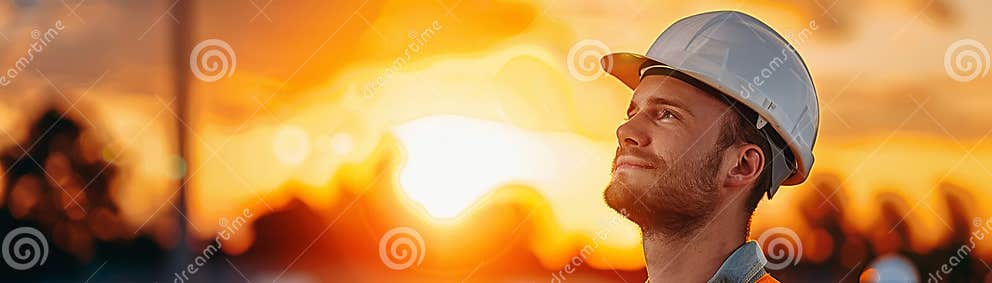 Construction Worker at Sunset Portrait Stock Illustration ...