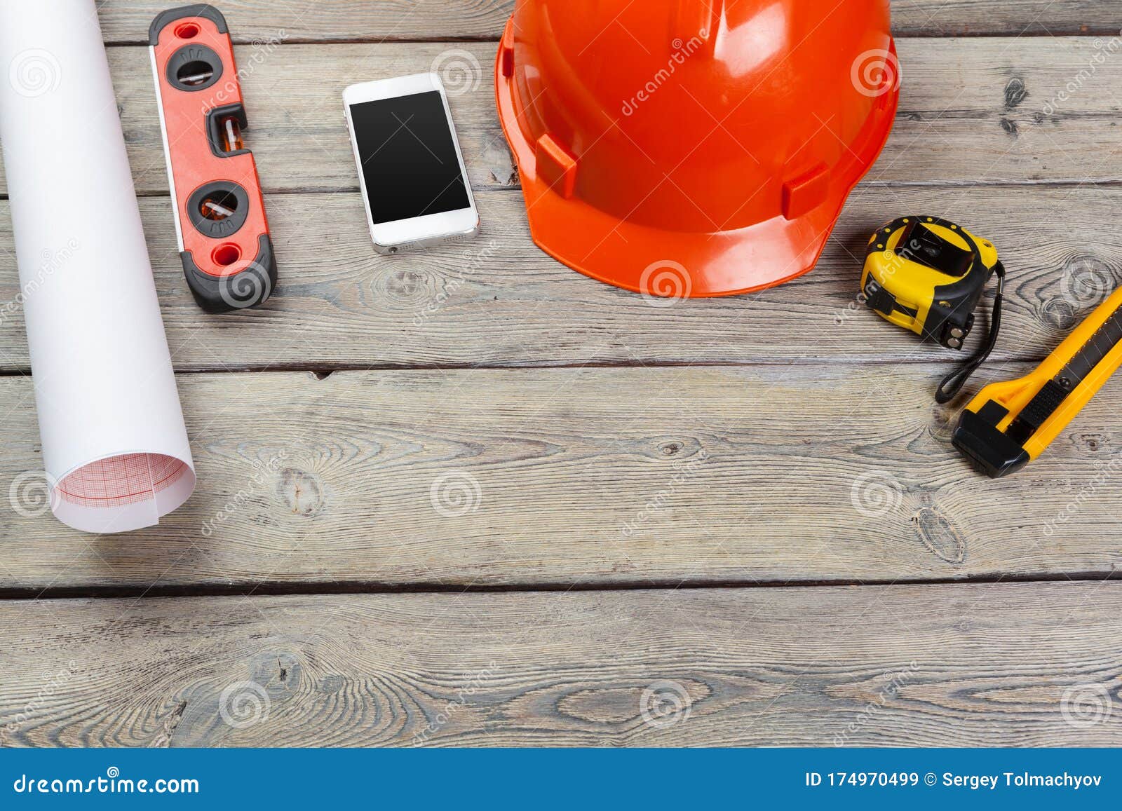 Construction Worker Supplies and Instruments on Wooden Background Stock ...