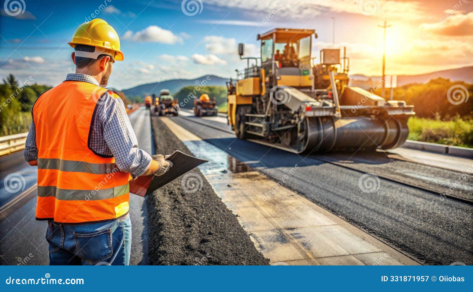 Construction Worker Surveying New Asphalt Road, Road Construction ...