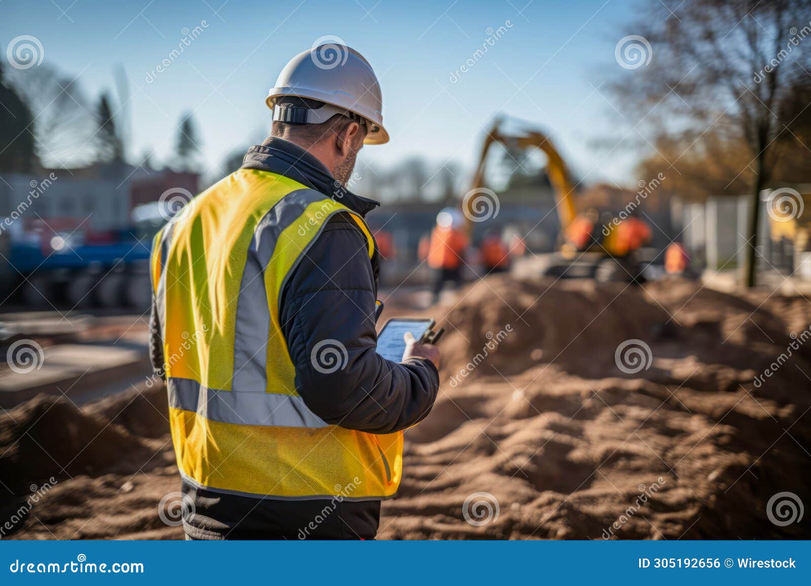 A Construction Worker with a Tablet Looks at Something Near His ...