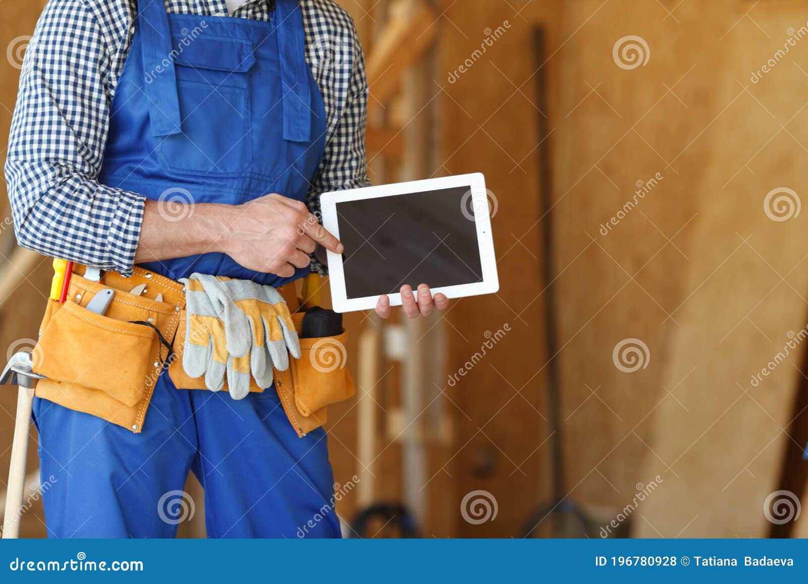 Construction Worker and Tablet Pc Stock Photo - Image of person, house ...