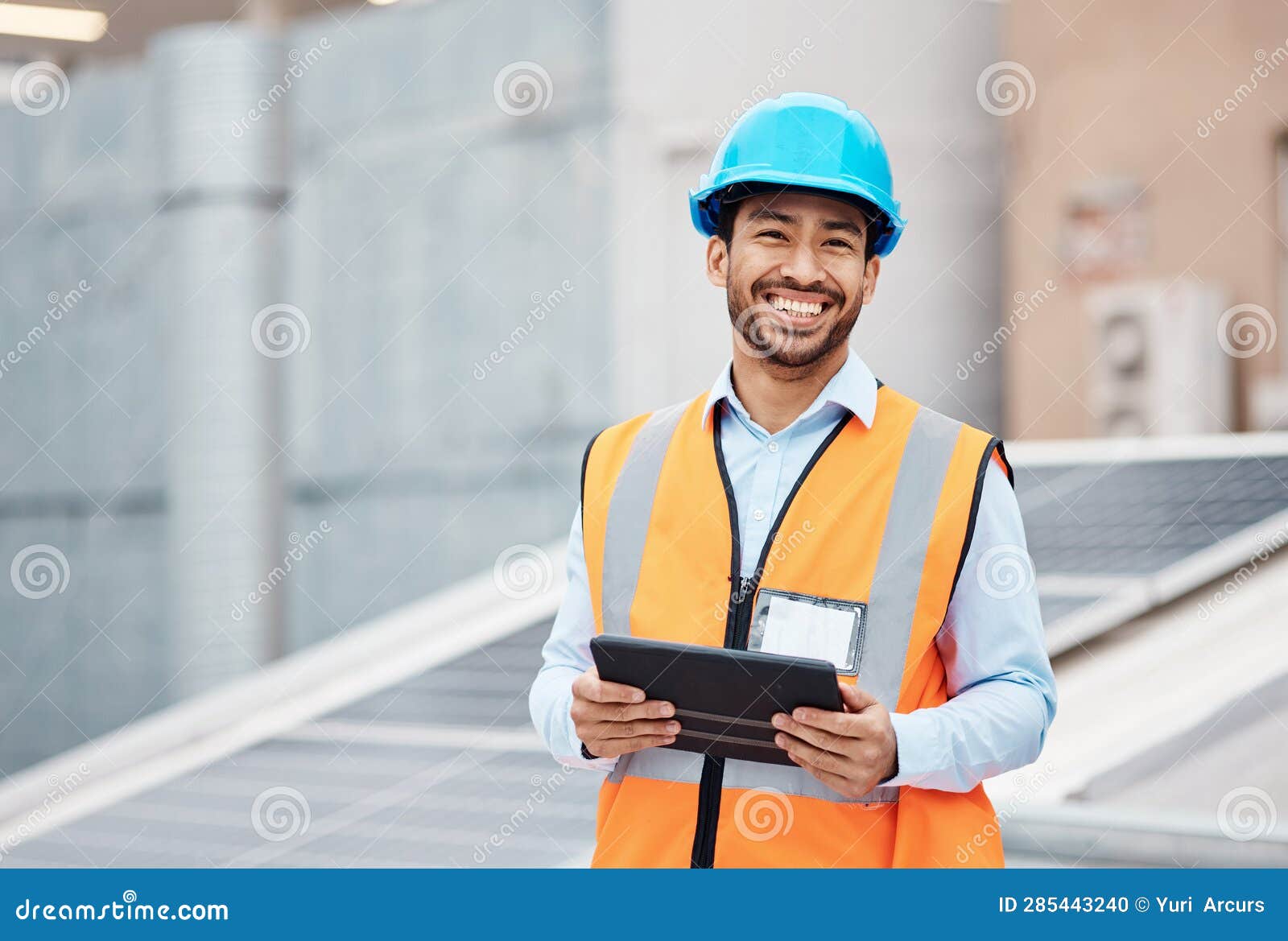 Construction Worker, Tablet and Portrait of Man with Research and ...