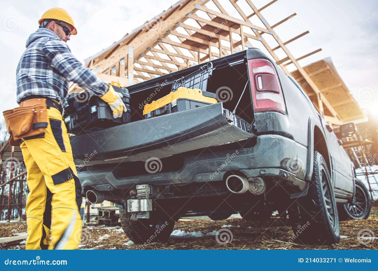 Construction Worker Taking Tools Boxes from His Pickup Truck Stock ...