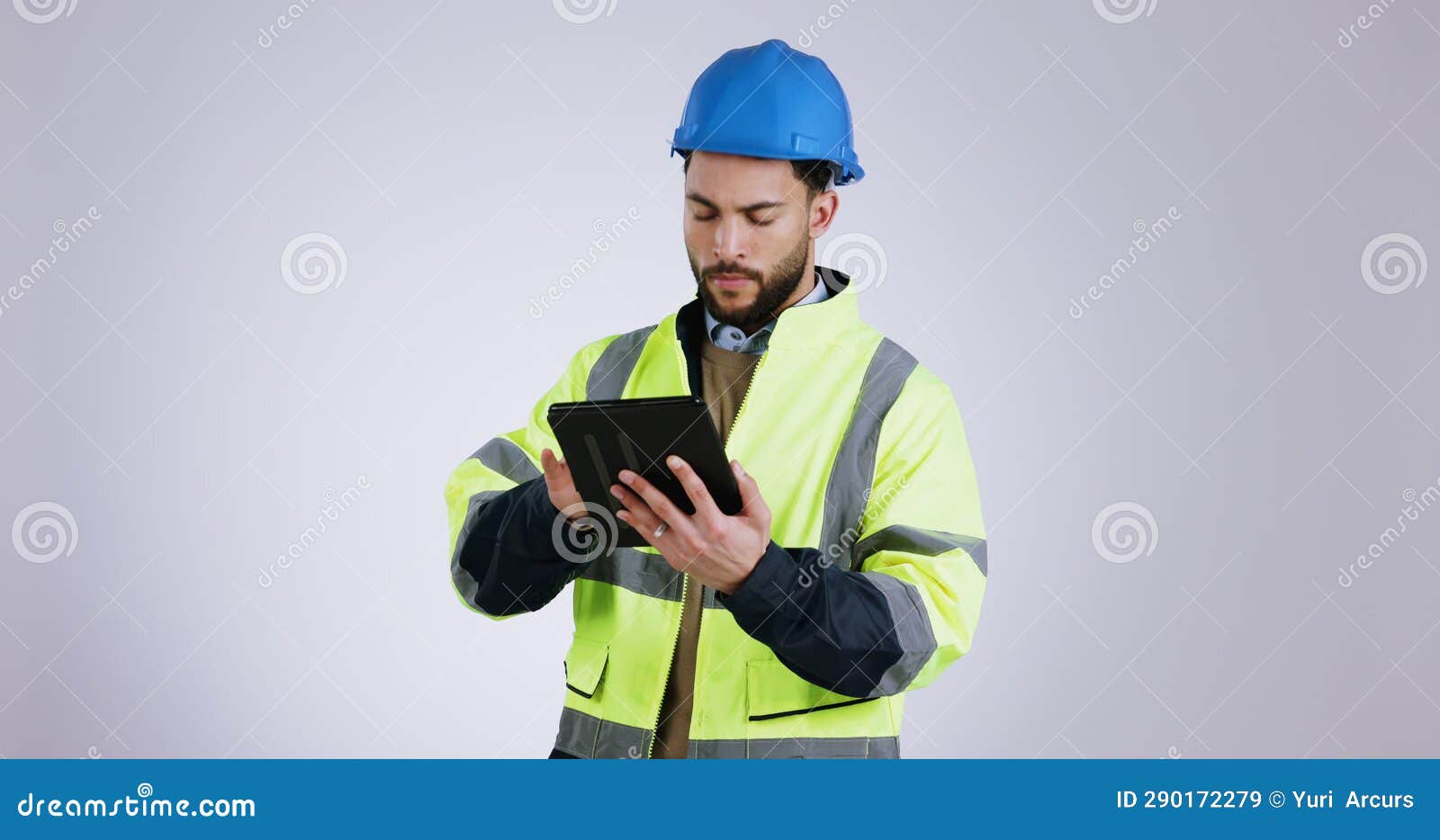 Construction Worker, Thinking and Man Engineer with Tablet Planning ...