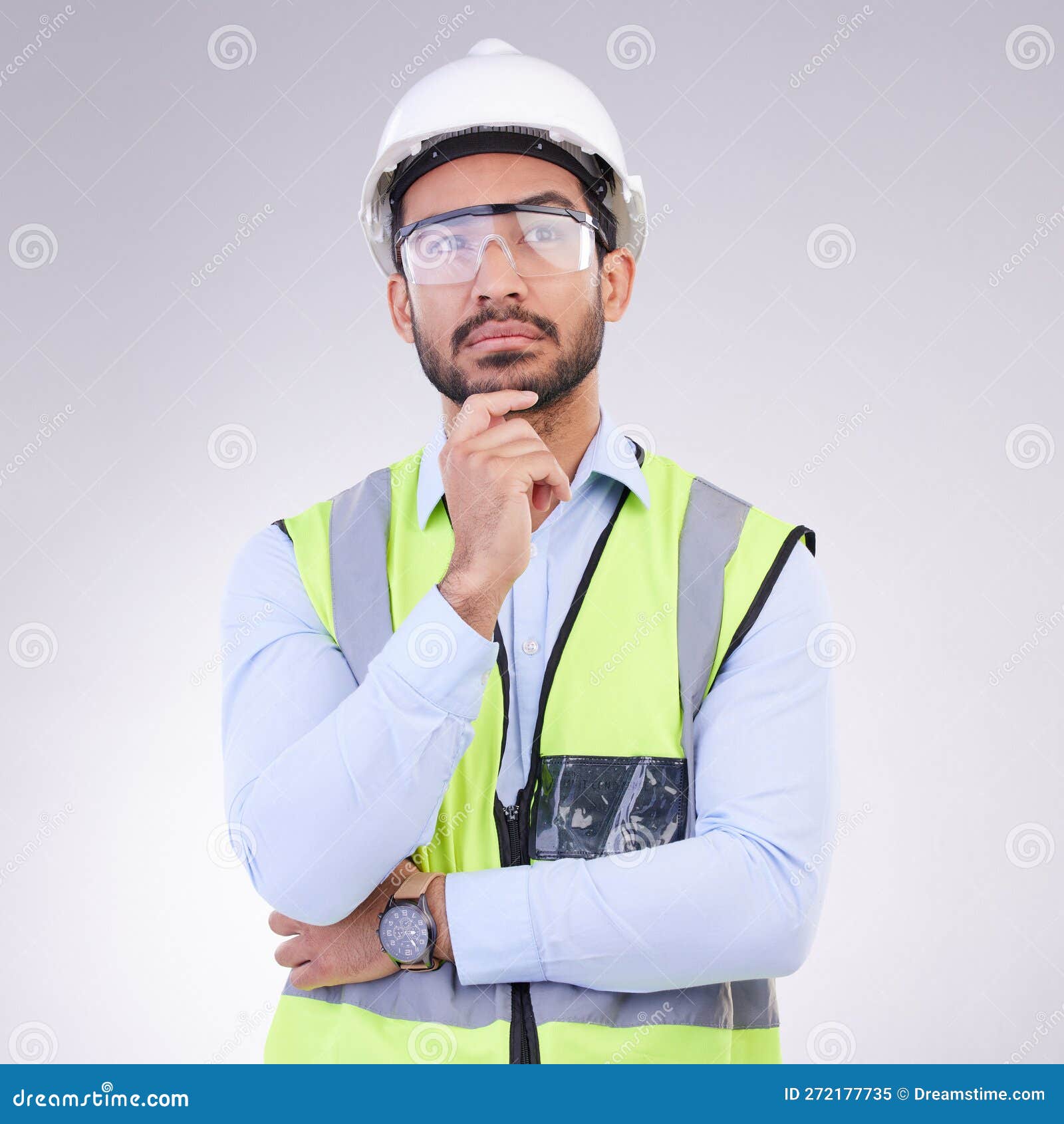 Construction Worker Thinking, Serious Man with Ideas and Architect or ... Construction Worker Thinking, Serious Man with Ideas and Architect or ...